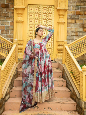 Buy MONK & MEI Maroon Amber Anarkali with Dupatta (Set of 2) (XS) Online