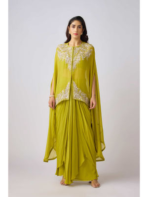 Buy Basanti Kapde aur Koffee Lime Georgette Embroidered Cape with ...