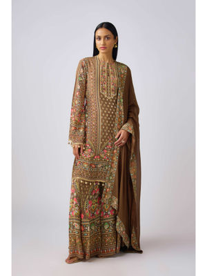 Buy Basanti Kapde aur Koffee Brown Chinon Embroidered Kurta with ...