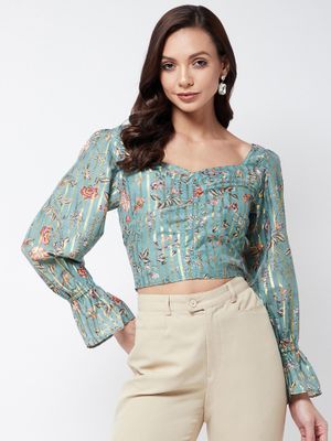 Buy MAGRE Turquoise Printed Chiffon Top Online