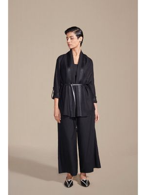 Buy AMPM Samiah Black Embroidered Jacket with Belt (Set of 2) online