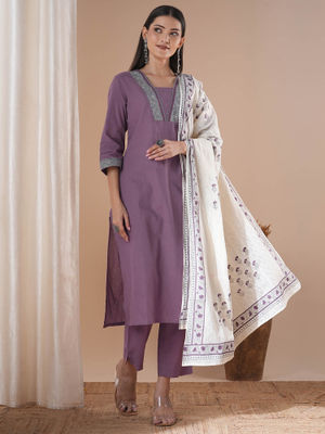 Buy Kami Kubi Purple Block Printed Kurta and Pant with Lace Detail and ...