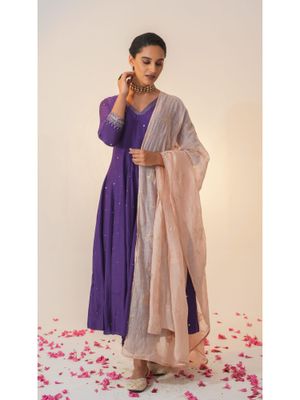 Buy Label Mansi Nagdev True Purple Cotton Silk Anarkali Kurta and Pant ...