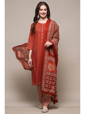 Buy Biba Rust Print Embroidered Unstitched Kurta with Bottom and ...