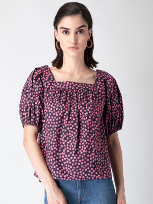 Buy FabAlley Black Floral Square Neck Puff Sleeve Blouse Online