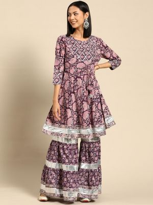 Buy Rangmayee Womens Purple Floral Printed Gotta Patti A-line Kurta ...