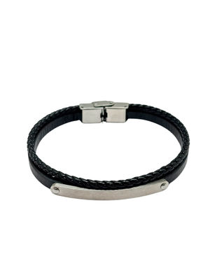Buy The Tie Hub Black Braided Faux Leather Bracelet with Silver Bar for ...