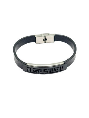 Buy The Tie Hub Black Faux Leather Bracelet with Greek Key Bar for Men ...