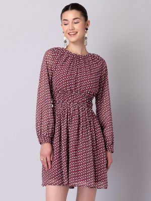 Buy Faballey Maroon Abstract Elasticated Waist Mini Dress Online