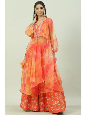 Buy Biba Orange Art Silk Cape Lehenga (Set of 3) Online