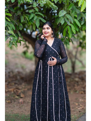 Buy Zerah Designs Mandakini Royal Black Angrakha Anarkali Dress (XXS ...
