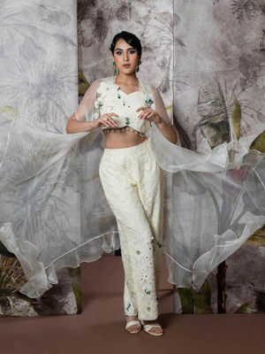 Buy Sainy Garg Chandni Crop Top with Pant An Cape (Set of 3) (XS) Online