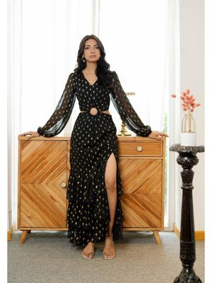 Buy Femme Sequel Black Gold Foil Chiffon Maxi Dress (XS) Online