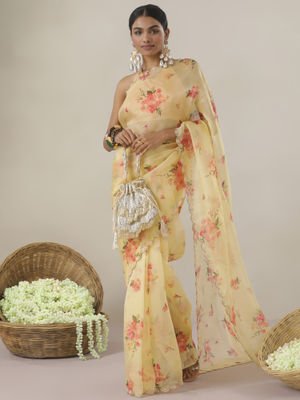 Gajra Gang Printed Saree : Buy Gajra Gang Guldasta Yellow Bouquet Print ...
