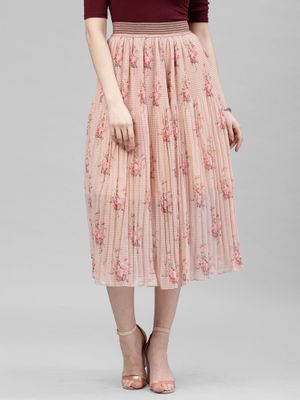 Buy KASSUALLY Pink Printed Pleated A-Line Midi Skirt Online