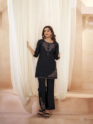 Lehan Co-ord Set : Buy Lehan Black Silk Blended Embroidered Embellished ...