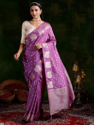 Buy Libas Purple Woven Design Handloom Saree with Unstitched Blouse with Unstitched Online