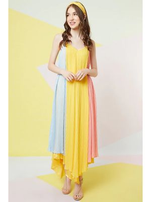 Buy Wendell Rodricks Irish Yellow Tri-Colored Pleated Maxi Dress Online