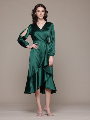 Buy Label Ritu Kumar Green Isla Satin Wrap Dress (S) Online