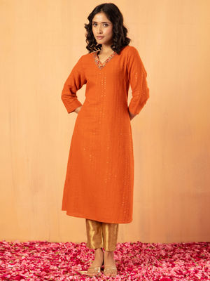 Buy Indya Orange Sequin And Thread Embroidered Cotton A-Line Kurta Online