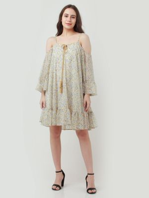 Buy Zink London Womens Yellow Printed Knee Length Dress Online