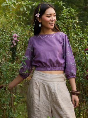 Buy Okhai Oorja Hand-Embroidery Mirrorwork Pure Cotton Purple Crop Top ...