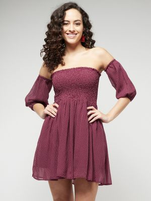 Buy Magre Women Maroon Polka Dot Smoking Mini Dress Online