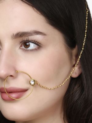 Buy Adwitiya 24 Ct Gold Plated Kundan with Chained Big Nose Ring Online