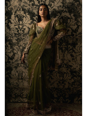 Buy Jigar and Nikita Olive Saree With Stitched Blouse And Petticoat Online