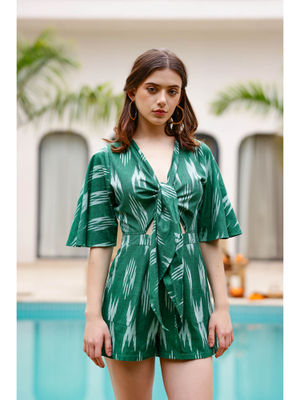 Buy AlterEGO Green Selena Printed Tie- Up Neck Playsuit Online