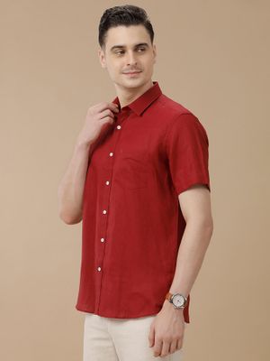 Buy Linen Club Mens Pure Linen Red Solid Slim Fit Half Sleeve Casual Shirt (39) Online