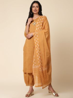 Buy Bani Women Mustard Printed Kurta & Salwar Suit (Set of 3) Online