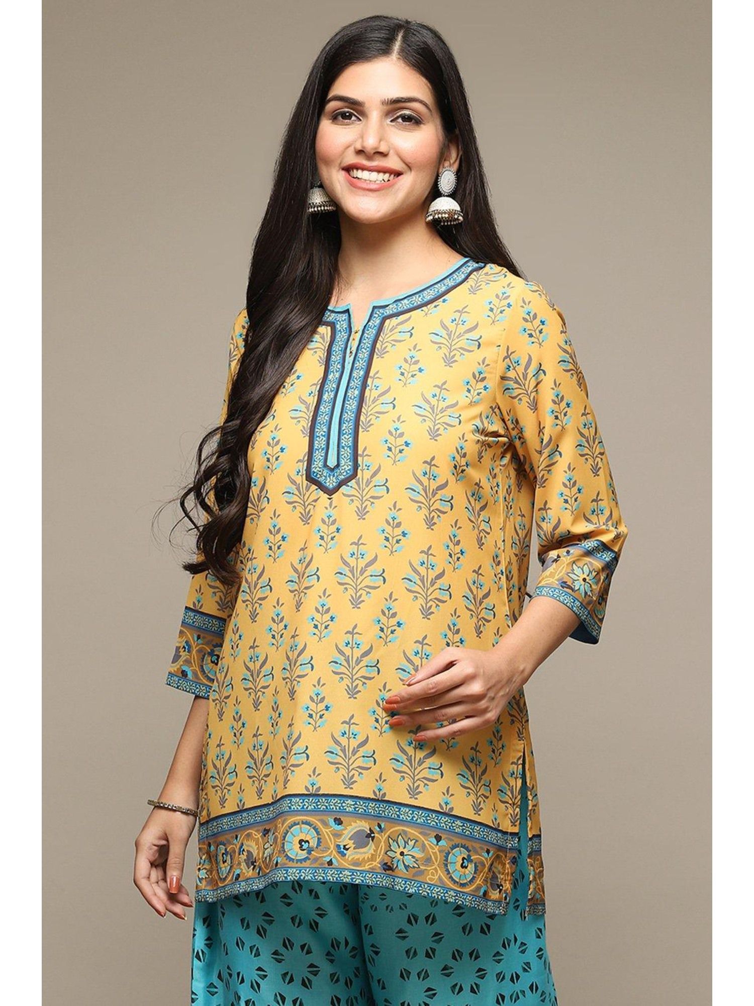 Buy Biba Yellow Cotton Blend Printed Kurti Online