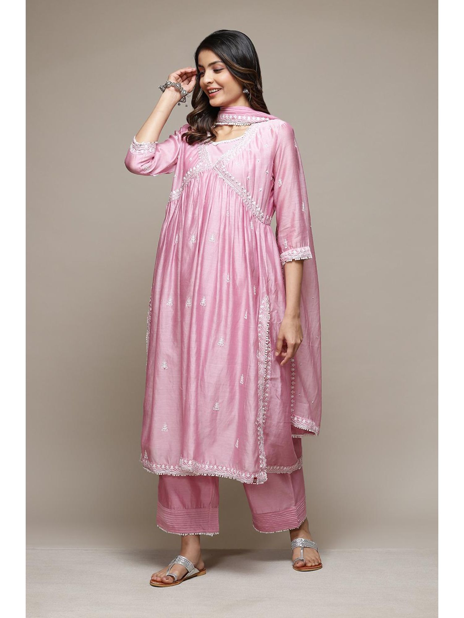 Buy Biba Light Mauve Cotton Blend Straight Kurta Palazzo Suit Set of 4 Online