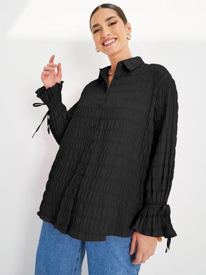 Buy Styli Elevate Womens Black Oversized Long Length Shirt In Textured ...