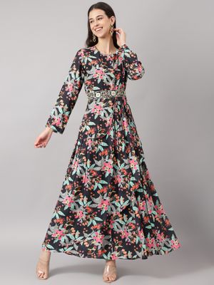 Buy Divena Black Muslin Floral Sequin Work with Attached Dupatta Flared ...