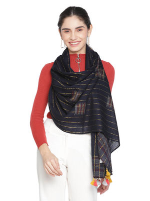 Buy Shingora Wool Blend Navy Blue Striped Stole Online