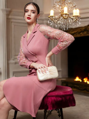 Buy Miss Chase Womens Dusty Pink and Golden Embroidered Knee Length ...
