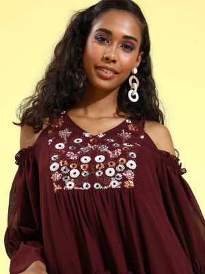 Buy Miss Chase Women Wine Solid Embellished Mini Dress (XS) Online