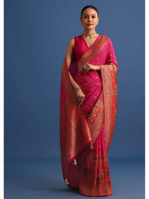 Buy KALKI FASHION Rani Pink Banarasi Woven Bandhani Satin Traditional Saree with Unstitched Online