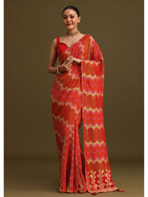 Buy KALKI FASHION Red Georgette Woven Bandhani Saree with Unstitched Online