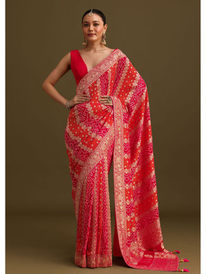 Buy KALKI FASHION Pink and Orange Georgette Woven Bandhani Saree with Unstitched Online