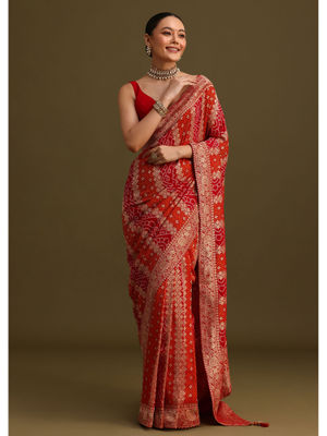 Buy KALKI FASHION Red Woven Bandhani Gotta Patti Border Saree with Unstitched Online