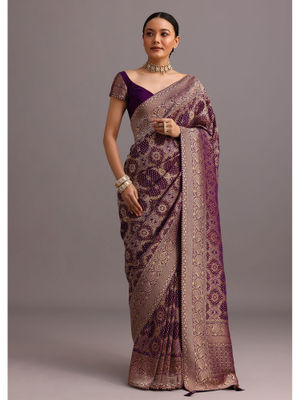 Buy KALKI FASHION Purple Georgette Woven Bandhani Gotta Patti Saree with Unstitched Online