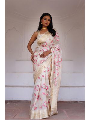 Buy Geroo Jaipur Off White Hand Woven Pure Kota Silk Saree with Blouse ...