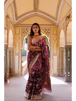 Buy Geroo Jaipur Wine Shaded Hand Woven Pure Kota Silk Saree with ...