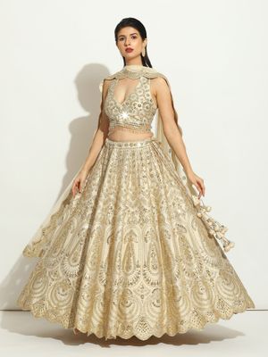 Buy VANDANA SETHI Ivory Shimmer Lehenga with Mirror Work and a Net ...