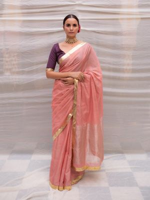 Buy PRIYANKA RAAJIV Nandini Pink Chanderi Tissue Saree with Unstitched ...