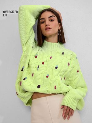 Buy The Souled Store Green Embroidered Oversized Fit Sweater (XXS) Online