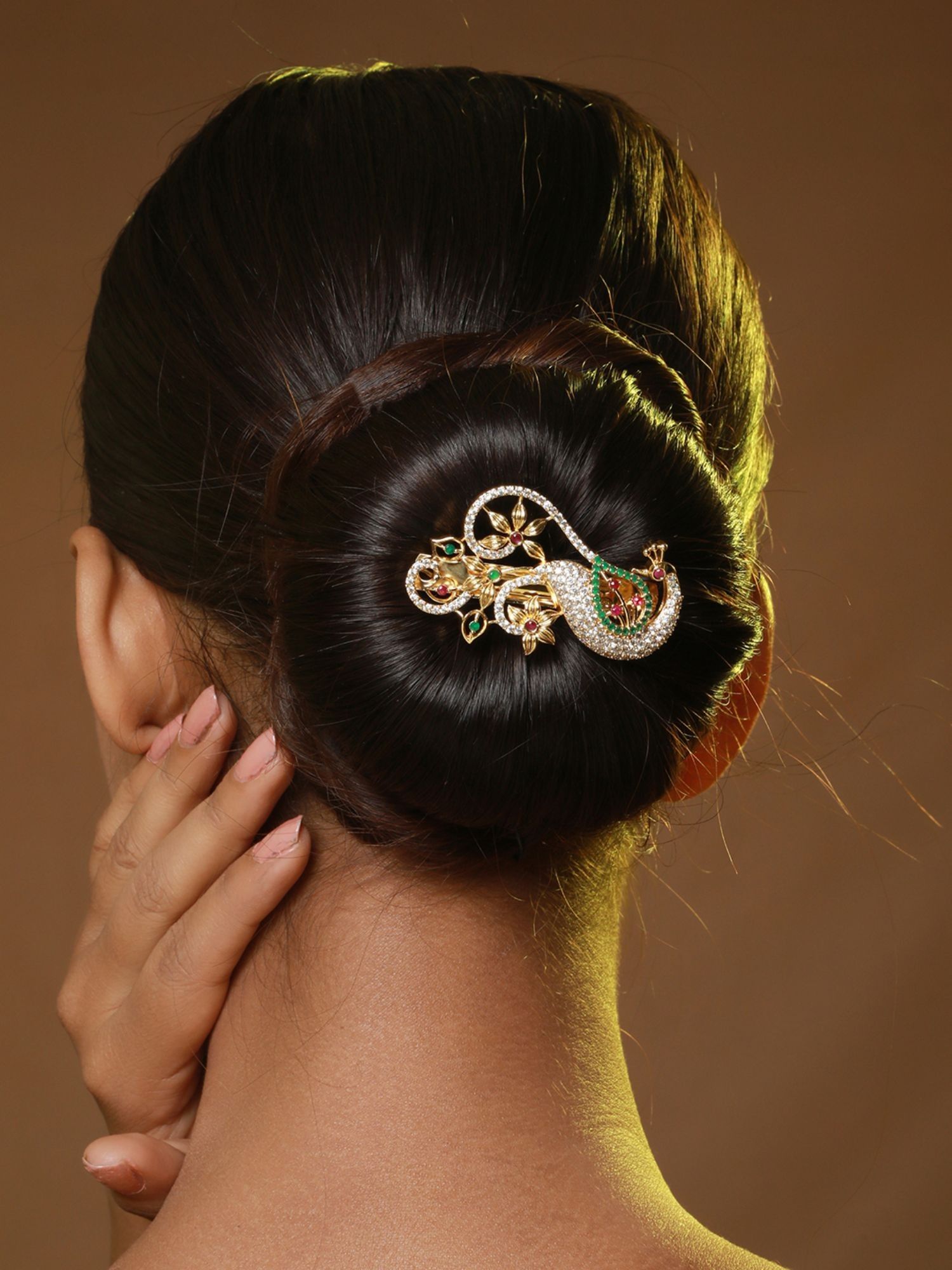 Buy Aatmana Gold Plated Multi Color Ad Studded Peacock Shaped Hair Pin Online